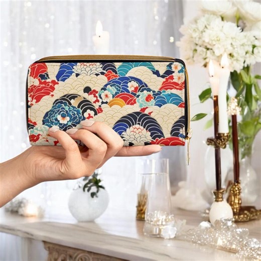 Vibrant Japanese Wave Floral Pattern Wallet With Colorful Kimono-inspired Design, Zipper Closure and Artistic Boho Style Accessory - Etsy UK