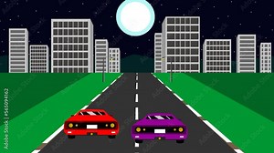 Animated video of old racing car game in 8-bit style with other cars competing at night, city, arcade, pixel, art, 2d.