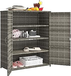 Outsunny Wicker Outdoor Storage Cabinet with Shelves, 4-Shelf Outdoor Pool Towel Cabinet with Two Doors, Rattan Patio Storage Shelves for Garden, Backyard, Porch, Mixed Gray