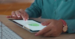 Tablet screen, charts and woman hands for market research, financial data and statistics or budget report. Digital technology, zoom and professional person or business analyst with pie chart review