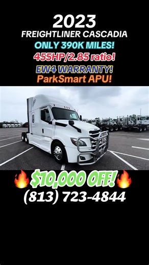 🚨 $10,000 OFF ALERT! We’re knocking the price down on this 2023 Freightliner Cascadia 126 Sleeper just for my followers! Now at $79,900, this beauty is packed with top-notch specs: \t•\tEngine: Detroit DD15, 455 HP, 1750 lb-ft torque \t•\tTransmission: Detroit DT12 Automated Manual \t•\tGear Ratio: 2.85 \t•\tTires: 8 brand new virgin drive tires \t•\tComfort: 72” Raised Roof Double Bunk Sleeper \t•\tFeatures: ParkSmart APU, sturdy deer guard, EW4 Detroit Extended Warranty till Dec 2026 (or 500k