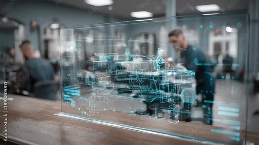 Smart mirror training station displaying AR diagrams of hair sections highlighting precise clipping zones with the user slightly out of focus in a modern salon setting.