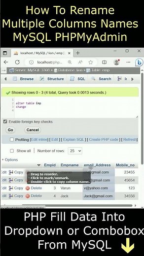 Rename mysql table multiple column names old to new #phpmyadmin