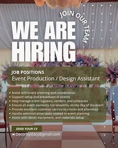 Now Hiring: Are you organized, proactive, and passionate about delivering amazing events? We’re looking for a dedicated event assistant to support our team in creating memorable experiences! Position: Event Assistant Location: OPEN Type: Full-Time / Part-Time About Us: We are a dynamic event management company committed to excellence and creativity in every project. Responsibilities: Assist with event planning and coordination Support setup and breakdown of events Help manage event logistics, ve