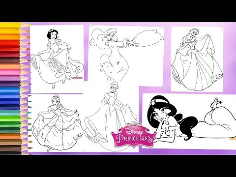 Coloring Disney Princess Ariel Cinderella Jasmine Aurora Belle Snow White Coloring Book COMPILATION