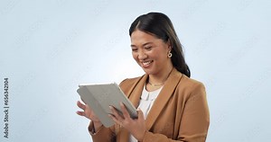Tablet, meme or happy woman in studio on social media, chat app or internet website to scroll online. Networking, research or entrepreneur typing on digital technology on white background with smile