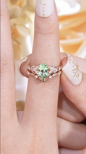Unique Oval Cut Green Sapphire Engagement Ring Set Leafy Wedding Band