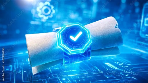 Digital certification approval concept with secure document scroll and glowing verification checkmark over advanced data technology surface
