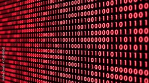 Diagonally moving rows of dense red binary code, consisting of 1s and 0s, represent the fundamental data structure of digital communication and computer systems.