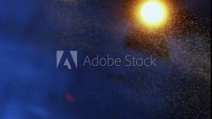 Uncountable number of white grains of sand are blown away, and highlighted by turned on fresnel light in dark room with blue blurry background having shown in slow motion