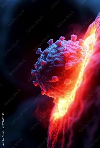 Virus entry mechanism enveloped virus fusing host cell membrane ultra-detailed macro dramatic lighting