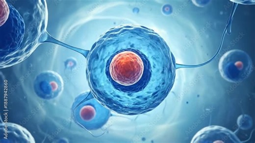 Microscopic view of cells with nucleus, depicting biological processes and cellular structures.