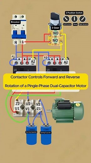 Contactor Controls Forward and Reverse Rotation of a Single-Phase Dual-Capacitor Motor #electrician