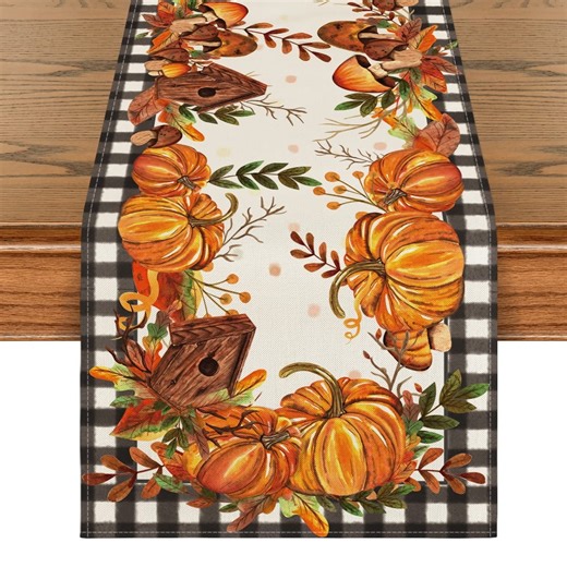 Smile Buffalo Check Plaid Fall Table Runner 13 x 72, Harvest Thanksgiving Pumpkins Mushrooms Birdhouse Maple Leaves - Walmart.com