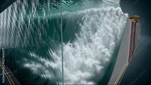Tsunami simulation: side-view cutaway showing tectonic plates, undersea earthquake, and wave formation heading to shore