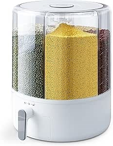 Grain and Rice Storage Container, 6 Grid Grain Dispenser, 360° Rotating 25lb Large Food Dispenser, Rice Dispenser Upgrade 6 Compartment Rotating, Airtight Storage White