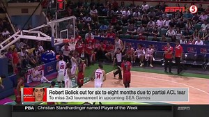 Robert Bolick won't be able to suit up for the country in the 3x3 event of the #SEAGames2019 due to a partial ACL tear. *** Watch the 2019 #PBAGovsCup every Wednesday, Friday, Saturday, and Sunday starting at 4:30 PM LIVE on 5 and espn5.com! #PBAonESPN5 #PBALabanKungLaban | One Sports