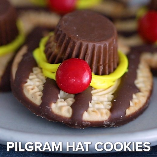 RECIPES: https://www.chelseasmessyapron.com/turkey-chocolate-caramel-pretzels-video/ Five simple-to-make Thanksgiving Treats that need FIVE INGREDIENTS or less: Pilgrim hat cookies, acorn candy cookies, caramel Thanksgiving pretzels, chocolate caramel turkey legs, and turkey caramel pretzels. These cute treats can double as a fun treat and table decoration. | Chelsea's Messy Apron