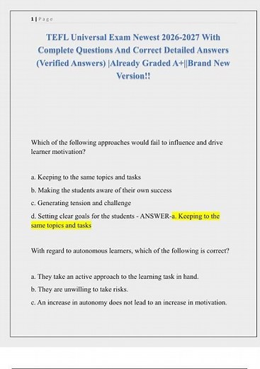 TEFL Universal Exam Newest 2026 2027 With Complete Questions And Correct Detailed Answers Verified A