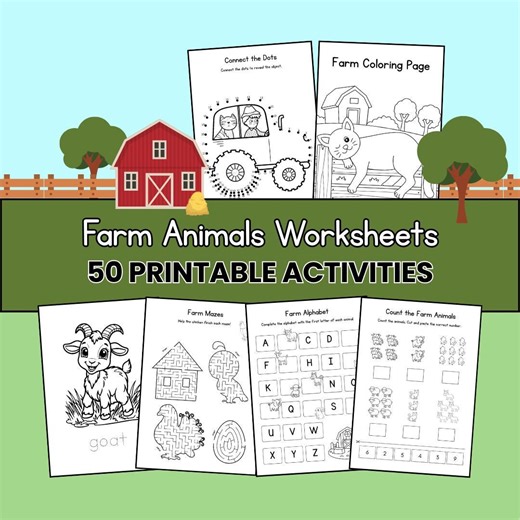 Farm Animals Worksheets for Preschool | 50 Printable Farm Activities | Kindergarten Math, Tracing & Coloring Pages | Homeschool PDF - Etsy