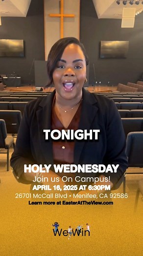 Join us tonight on campus for our Holy Wednesday service🙌🏾. There's something for everyone, so grab the family and meet us here! #ViewStrong #californiachurches #Menifee #SunCity #Temecula #Murrieta #Wildomar #LakeElsinore #Hemet #Romoland #Perris #Fallbrook #Winchester #WIN2025 | The View Church