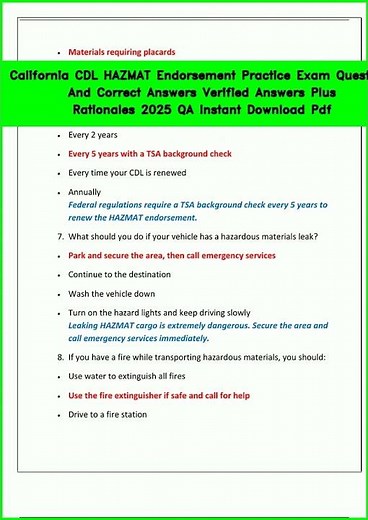 California CDL HAZMAT Endorsement Practice Exam Questions And Correct Answers Verified Answers Plus