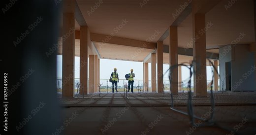 Two Male Engineers Working on Electric Infrastructure of Building Under Construction, Positioning Equipment and Reviewing Safety Precautions, Interior Fit‑out, Real Estate Development