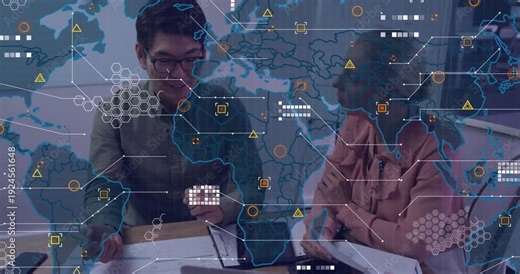 Team opening binder tapping tablet, world map HUD growing over documents, guiding business strategy