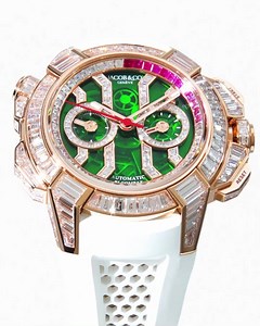 Defined by its sparkling design, contemporary style and high-end watchmaking solutions, the Epic X Chrono Full Baguette Green Dial is a sophisticated chronograph featuring 289 baguette diamonds that cover the bezel, dial ring, subdials, lugs, crown, and pushers. An additional 12 baguette dégradé rubies run along the inner bezel ring from 12 o’clock to 3 o’clock. A green mineral crystal dial provides a partial view of the caliber JCAA05 Skeleton column wheel chronograph movement. This combination