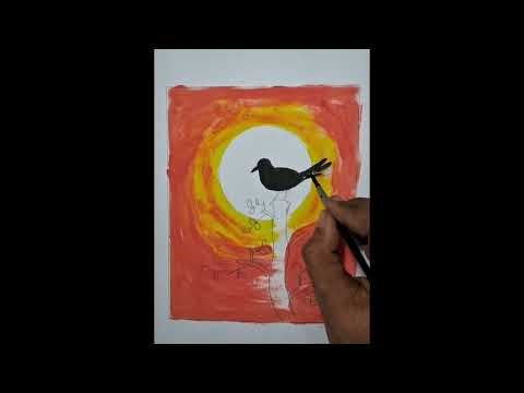 Sunset Nature Painting with Bird #trending #viral #youtube #youtuber #painting #birds #easydrawing