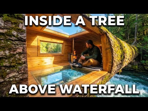 Building a Realistic Underground Tree Shelter Hidden Above a Waterfall