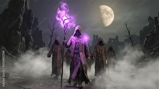 Dark fantasy wizards with purple magic staff in misty landscape