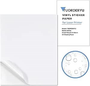 8.5" x 11" Premium Printable Vinyl Sticker Paper for Laser Printer - 30 Sheets Matte White Waterproof, Vivid Color, Tear Resistant, Full Sheet Labels, Compatible with Cricut Maker