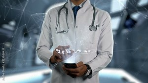 GLATIRAMER ACETATE - Male Doctor With Mobile Phone Opens and Touches Hologram Active Ingrident of Medicine