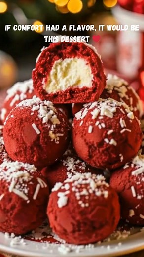 Red Velvet Snowball Cookies with White Chocolate Filling | A Festive Surprise in Every Bite ❤️❄️ These magical little snowballs are rich red velvet on the outside, creamy white chocolate on the inside, and dusted with coconut “snow.” They’re soft, stunning, and full of holiday cheer! Ingredients: For the cookies: 1 box red velvet cake mix 2 large eggs ⅓ cup vegetable oil ½ tsp vanilla extract ½ cup sweetened shredded coconut (for topping) For the filling: 4 oz white chocolate, chopped 2 tbsp hea