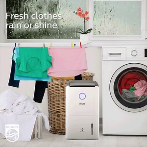 Don’t let the rain put a damper on your laundry. With the Philips Series 5000 2-in-1 air dehumidifier’s special laundry mode, you’ll always have fresh clothes, rain or shine. Oh and one more thing, it also cleans the air of pollutants and allergens. Visit http://to.philips/6005DosED for more info. | Philips Home Living