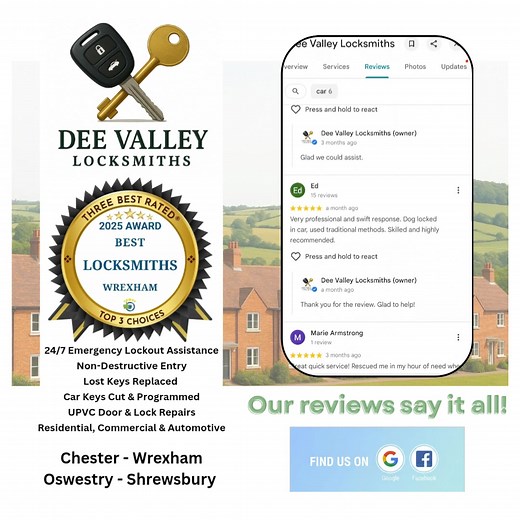 24 Hour Emergency Locksmiths covering Wrexham, Chester, Oswestry & Shrewsbury. Locked out? Door not locking? Need car keys cut or programmed fast? Dee Valley Locksmiths are your local, trusted 24/7 locksmith and auto locksmith service. ✅ Emergency Lockouts – Anytime, Day or Night ✅ uPVC Door & Multi-Point Mechanism Repairs ✅ Anti-Snap High Security Lock Upgrades ✅ Car Keys Cut & Programmed On-Site Fast Response • Competitive Pricing • 5⭐ Reviewed 📞 Call Now: 07777472909 🔐 Local • Reliable • 24