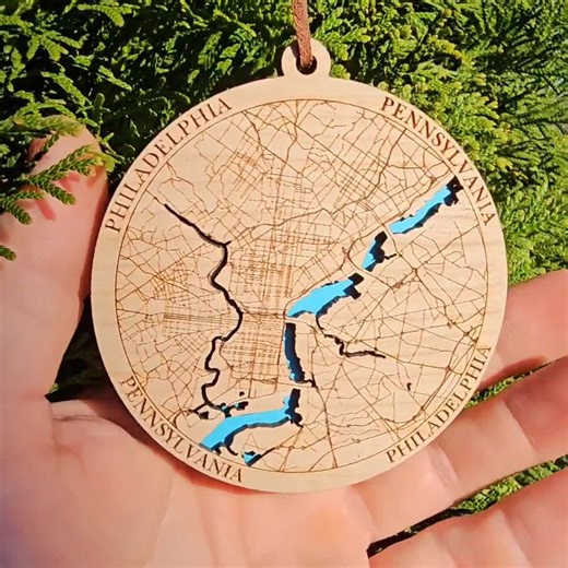 Philadelphia Map Ornament: Engraved Cherry Wood Philly Pennsylvania Gift - Etsy
