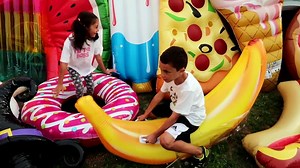Kids Pretend Play Garage Sale with Giant Inflatable Toys