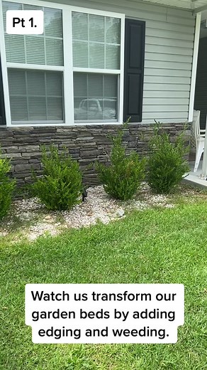 Adding edging to our already existing river rock beds and weeding them for summer! Although time consuming, definitely worth the work. Check Part 2 for results. #fyp #garden #landscape #landscaping #lawncare #gardening