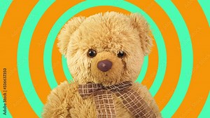 Brown bear on a colorful background. A cool DJ teddy bear. Dancing Teddy Bear. Graphics for a nightclub, concert, performance. Fashion animation design. Pop and dance mood. VJ.