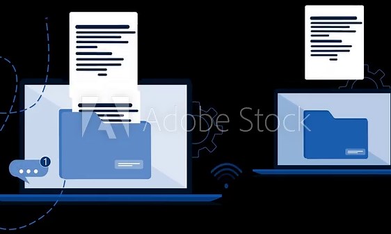 Animation of file transfer between two laptops with documents and folders