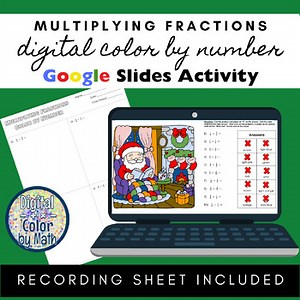 Digital Color by Number: Multiplying Fractions - Christmas Holiday Santa