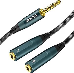Headset Adapter, 3.5mm Headphone Mic Splitter CTIA TRRS Male to Dual TRS Female Y Audio Microphone Splitter Cable for Gaming Headset to PC, Laptop, Smartphone, PS4, Xbox, Computer - 1 Feet