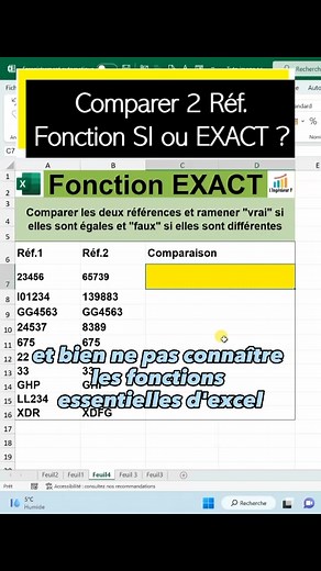 🤓🚀 La fonction exact au lieu de la fonction SI pour comparer deux références #apprendresurtiktok #Excel #pourtoi #fonctionexcel #comparaison