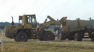 The tractor uses a hydraulic manipulator to stack round bales of hay in pyramids for storage and drying. Machinery works in the field during harvesting.