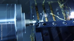 Turning Milling Machine Cutting Metal at Modern Factory Close-up. Concept Industry Metalworking Technology. Working on Industrial Equipment no people. Processing Workpiece on Workshop. Rotate Detail