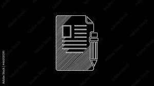 White line Exam sheet and pencil with eraser icon isolated on black background. Test paper, exam, or survey concept. School test or exam. 4K Video motion graphic animation