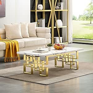 AUZ Coffee Table, 50 inch White and Gold Rectangle Living Room Tea Table, Sofa Coffee Table for Living Room, Guest Hall, Reception Room