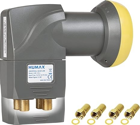 Humax Gold Quad LNB, digitales Satelliten universal LNB mit LTE-Filter für 4 Teilnehmer inkl. Wetterschutzgehäuse und F-Steckern mit Dichtung für besten Satempfang in HD, Full HD, UHD, 4K und 8K